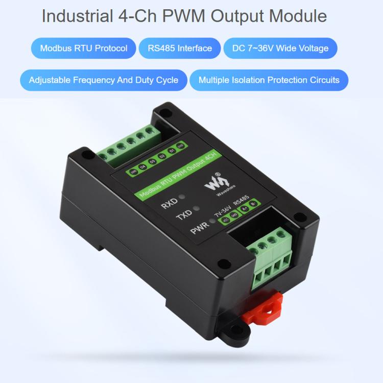 Waveshare Industrial 4-Ch PWM Output Module Modbus RTU RS485, Adjustab
