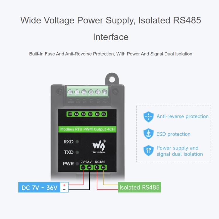 Waveshare Industrial 4-Ch PWM Output Module Modbus RTU RS485, Adjustab